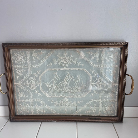 Art | Antique Glass Serving Tray With Handmade Lace Ship | Poshmark